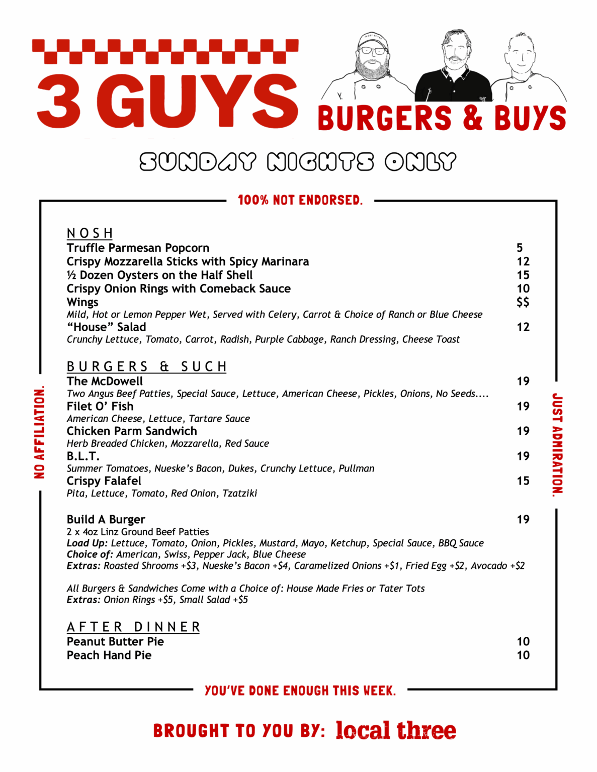 3 Guys Burgers & Buys - Sunday Nights at L3 - Local Three